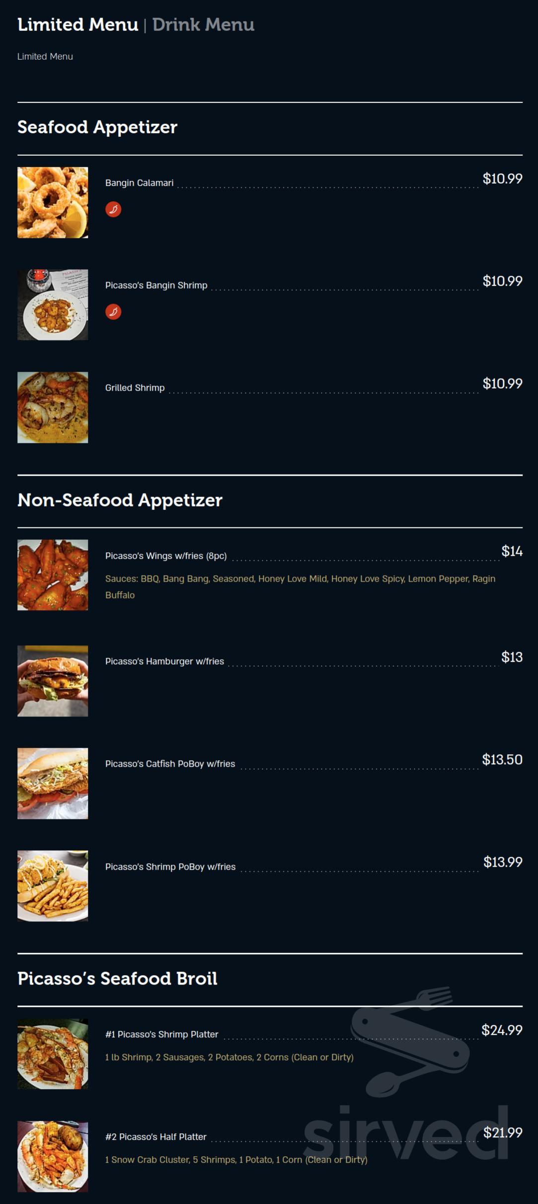 Picasso's Seafood & Pasta menu in Memphis, Tennessee, USA