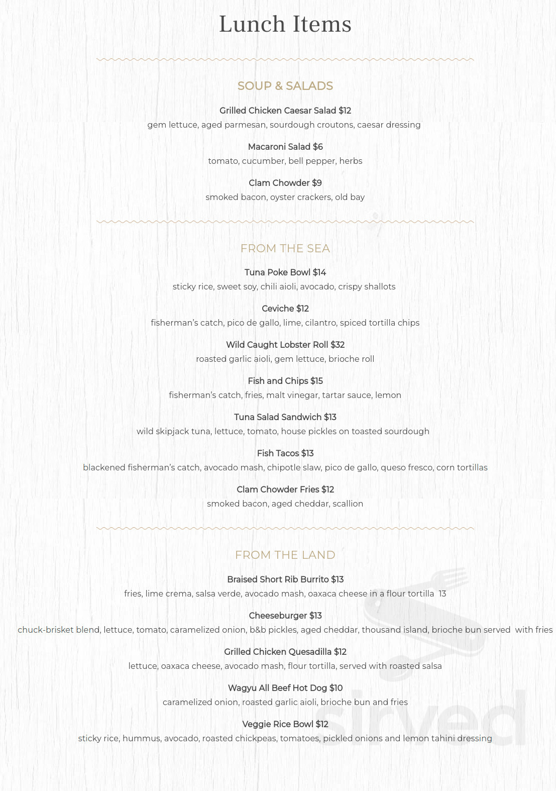 Lost Pier Cafe menu in Laguna Beach, California, USA