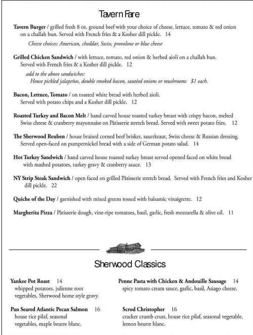 The Sherwood Inn menu in Skaneateles, New York, USA