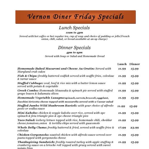 Vernon Diner menu in Vernon, Connecticut, USA