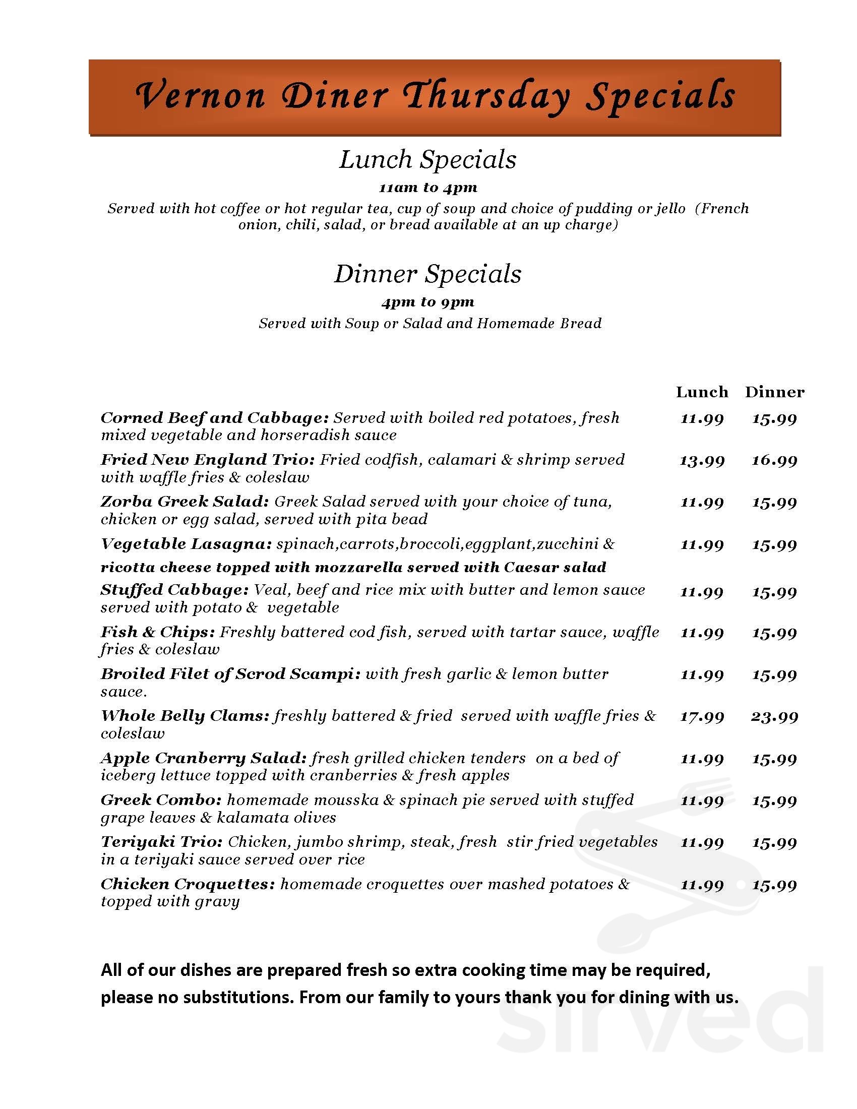 Vernon Diner menu in Vernon, Connecticut, USA