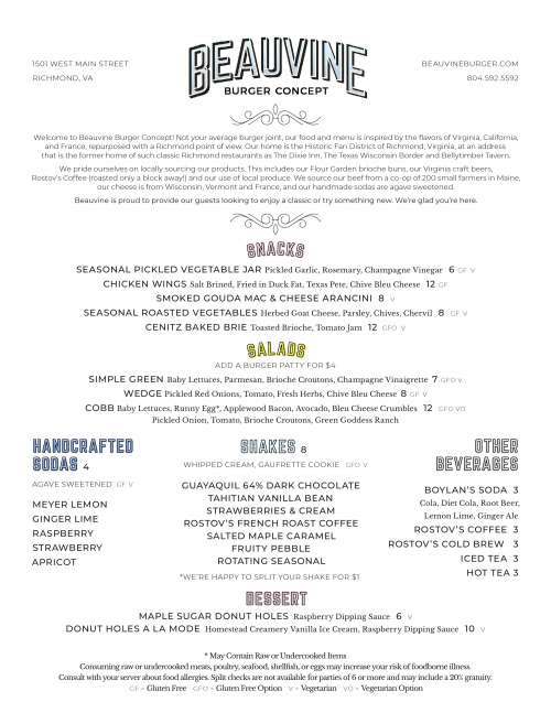 Beauvine Burger Concept menu in Richmond, Virginia, USA