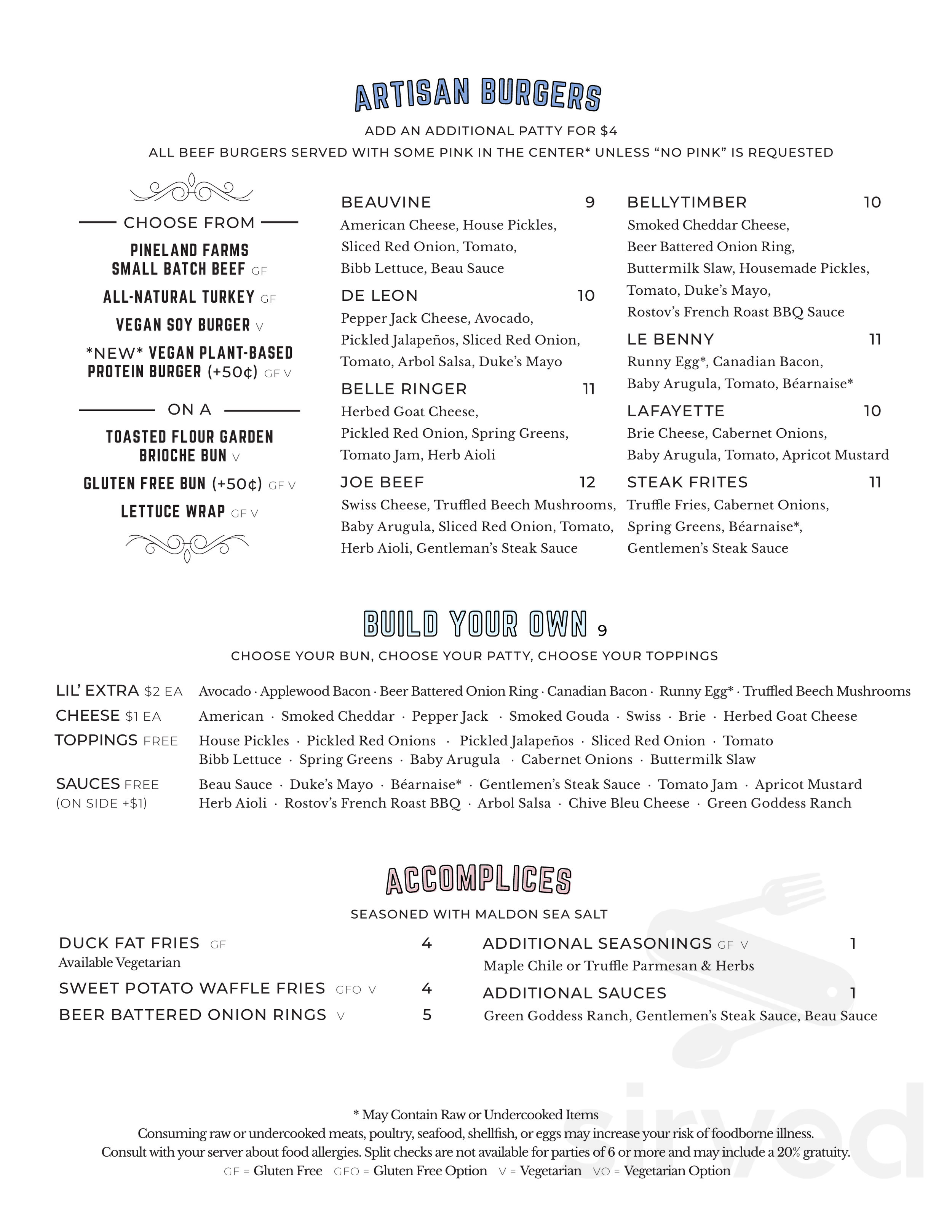 Beauvine Burger Concept menu in Richmond, Virginia, USA