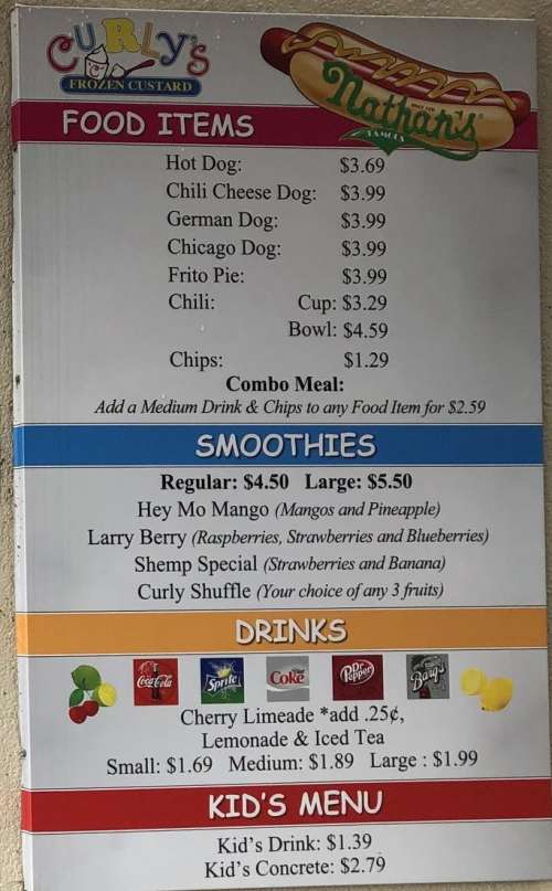 Curly's Frozen Custard menu in Fort Worth, Texas, USA