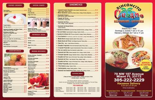 Rinconcito Cubano menu in Miami, Florida, USA