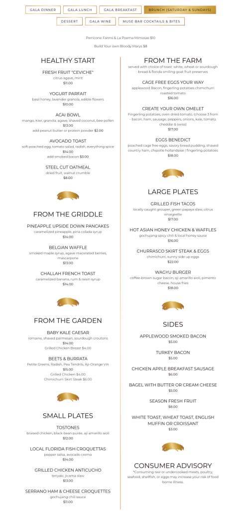 Gala Restaurant & MuseBar menu in Aventura, Florida, USA
