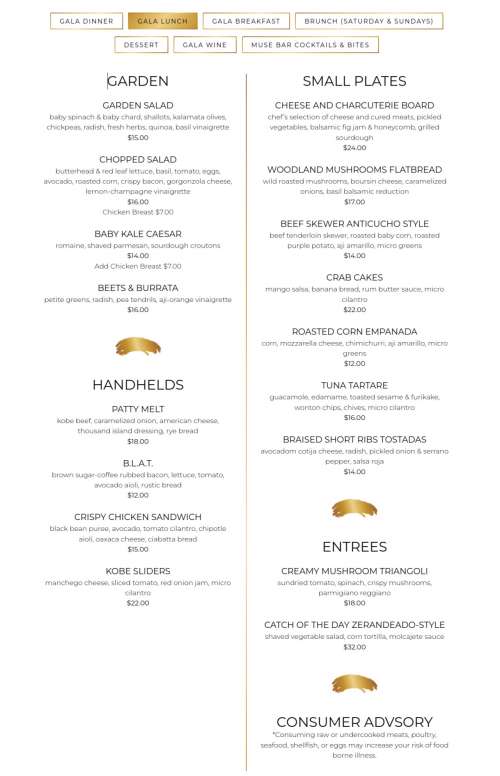 Gala Restaurant & MuseBar menu in Aventura, Florida, USA