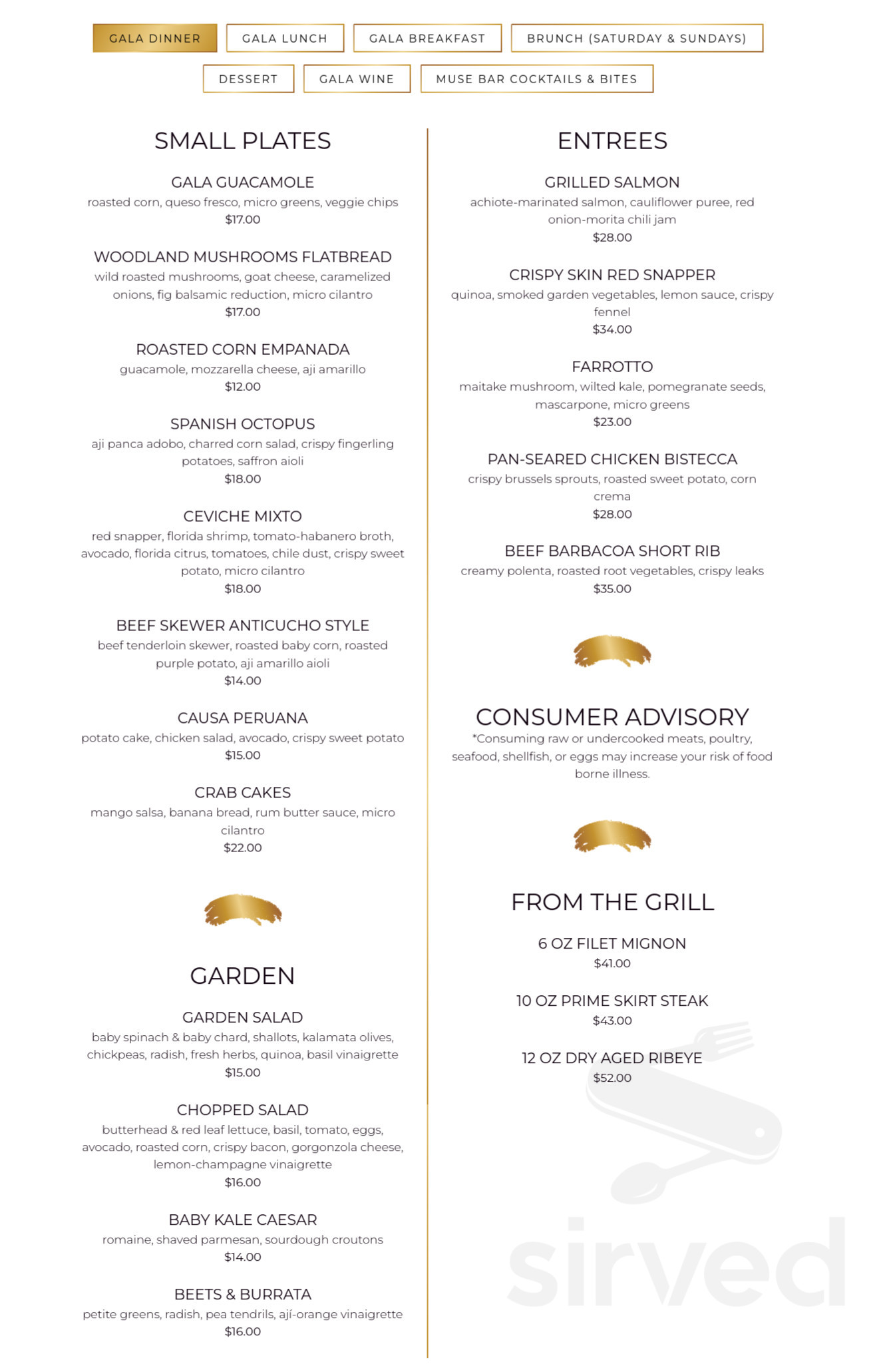 Gala Restaurant & MuseBar menu in Aventura, Florida, USA