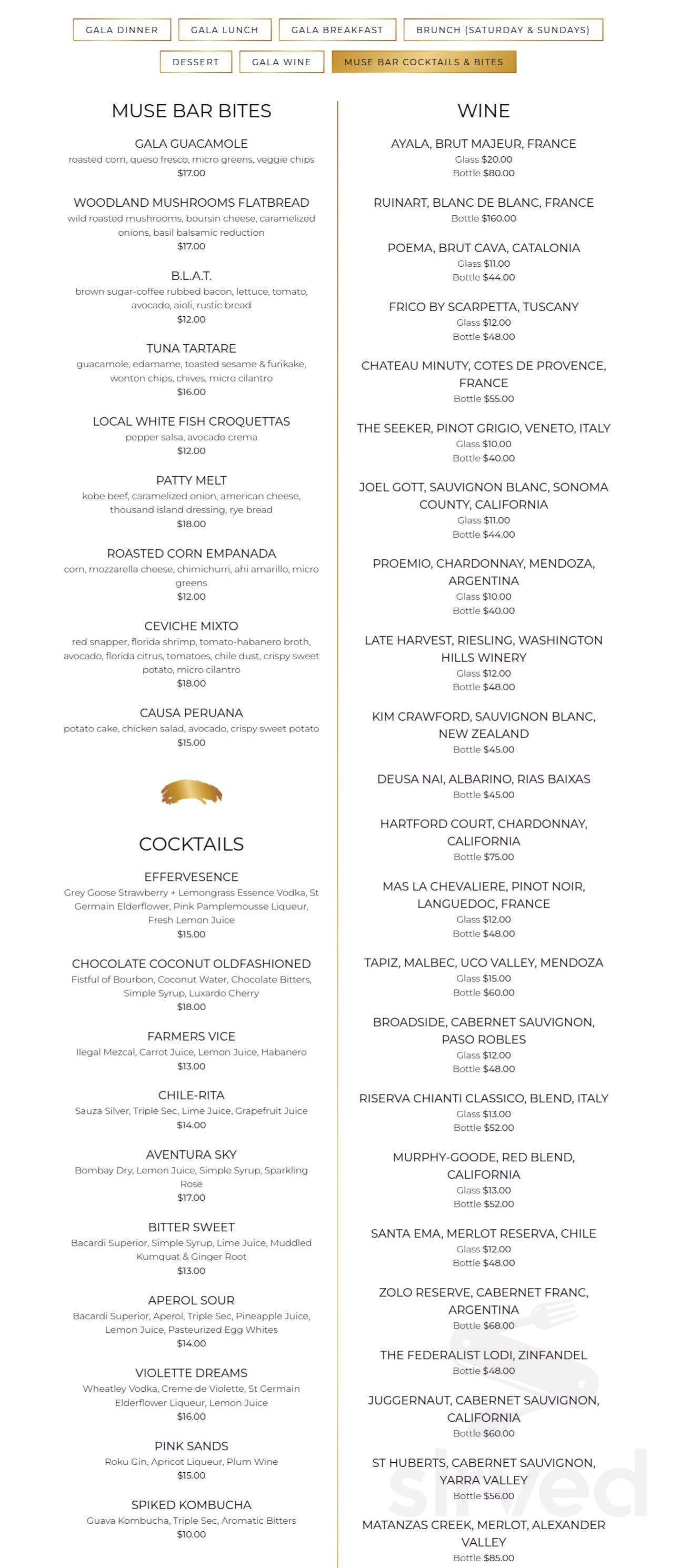 Gala Restaurant & MuseBar menu in Aventura, Florida, USA