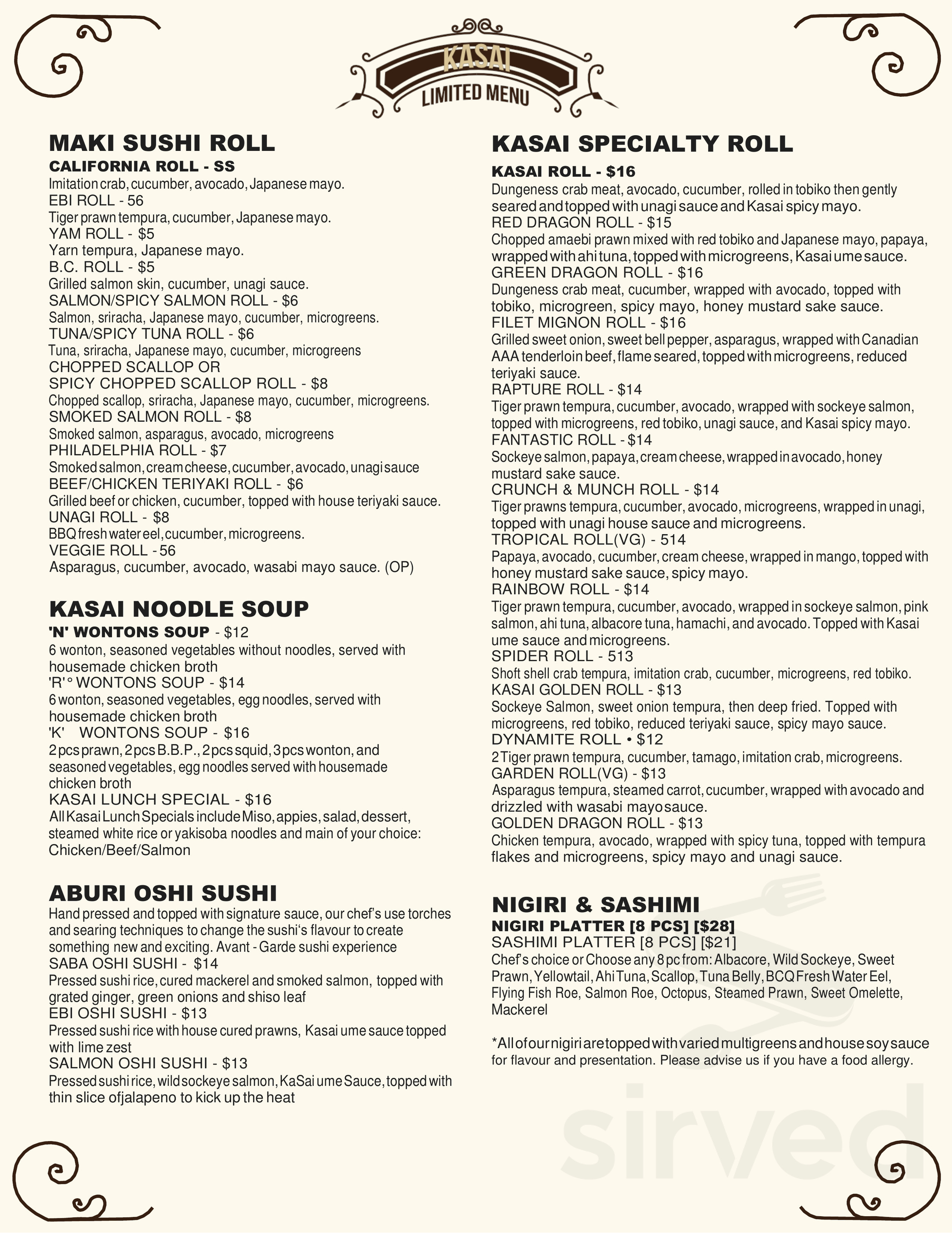 Kasai Teppanyaki Steak & Sushi House menu in Kelowna, British Columbia ...