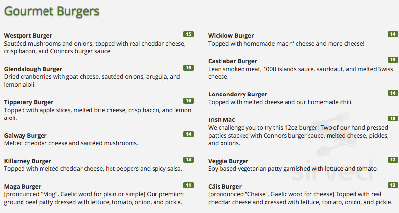 Connor's Irish Pub menus in Orléans, Ontario, Canada