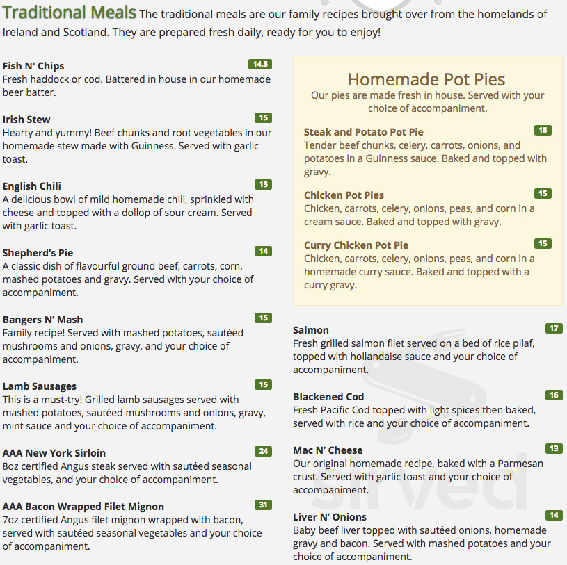 Connor's Irish Pub menu in Orléans, Ontario, Canada