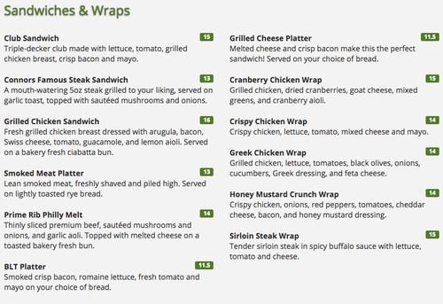 Connor's Irish Pub menu in Orléans, Ontario, Canada
