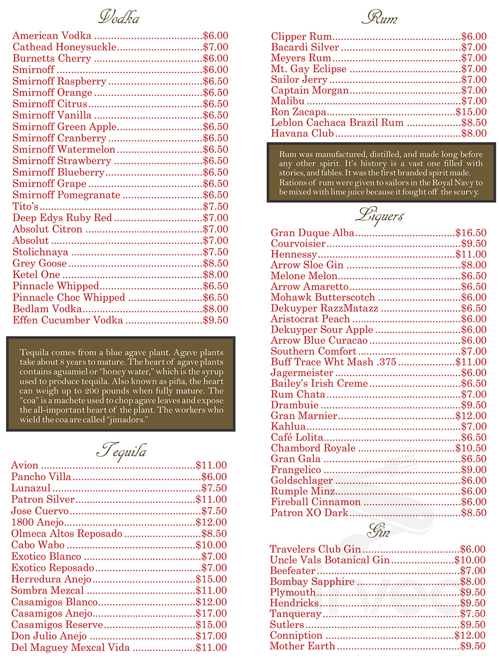 The Bell Tree Tavern menu in Southern Pines, North Carolina, USA