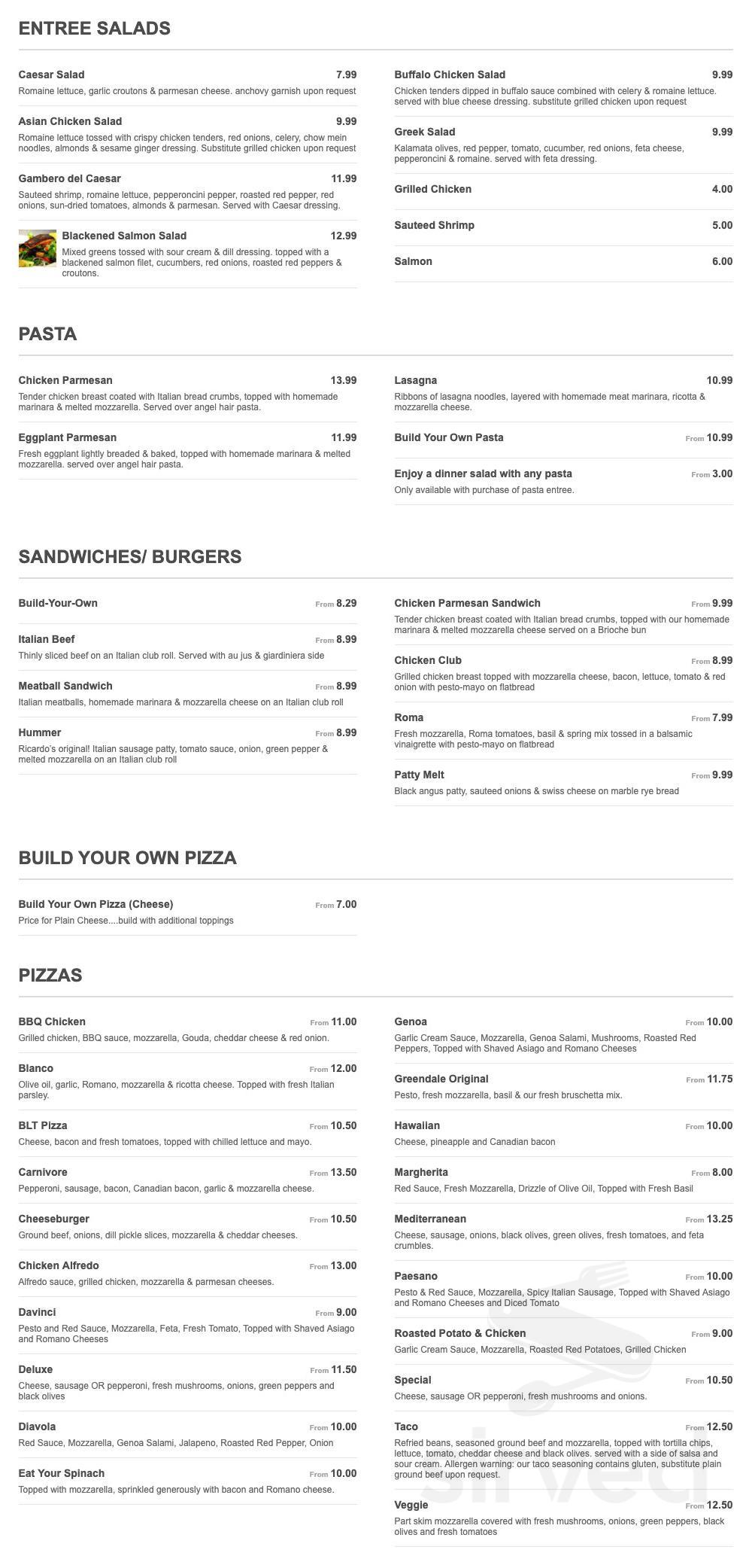 Ricardo's Pizza menu in Greendale, Wisconsin, USA