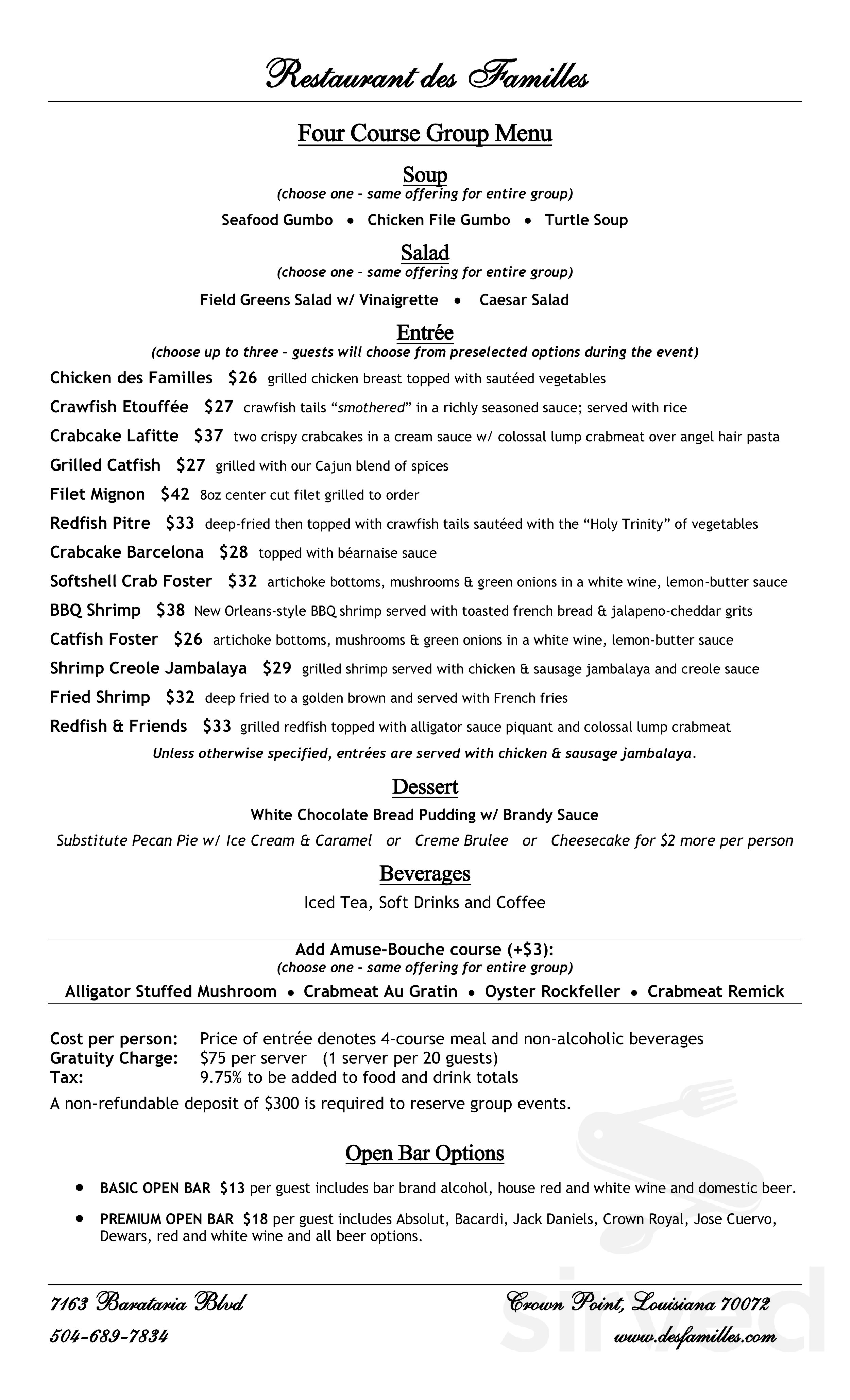 Restaurant des Familles menus in Marrero, Louisiana, United States