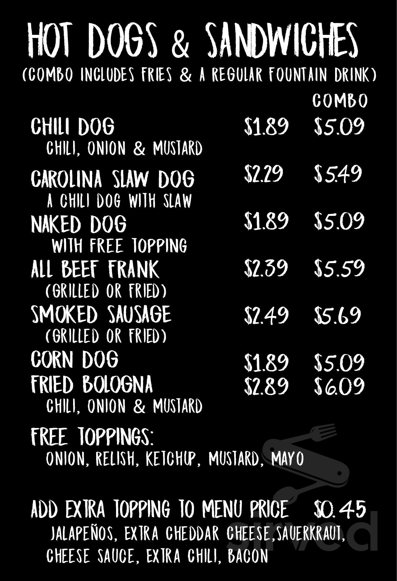 Franks For The Memories menu in Spartanburg, South Carolina, USA