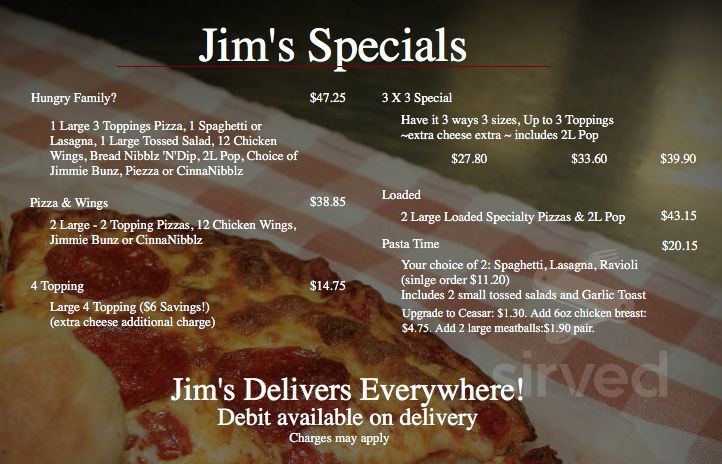 Menu for Jim's Pizzeria in Chilliwack, BC | Sirved