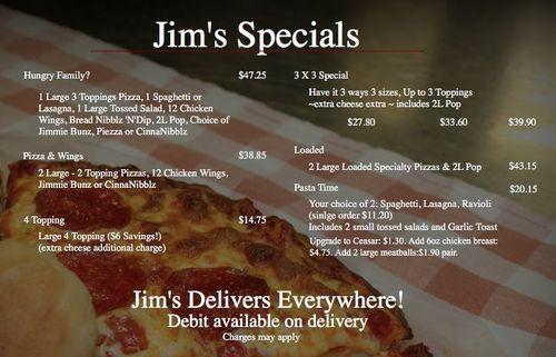 Jim's Pizzeria menu in Chilliwack, British Columbia, Canada