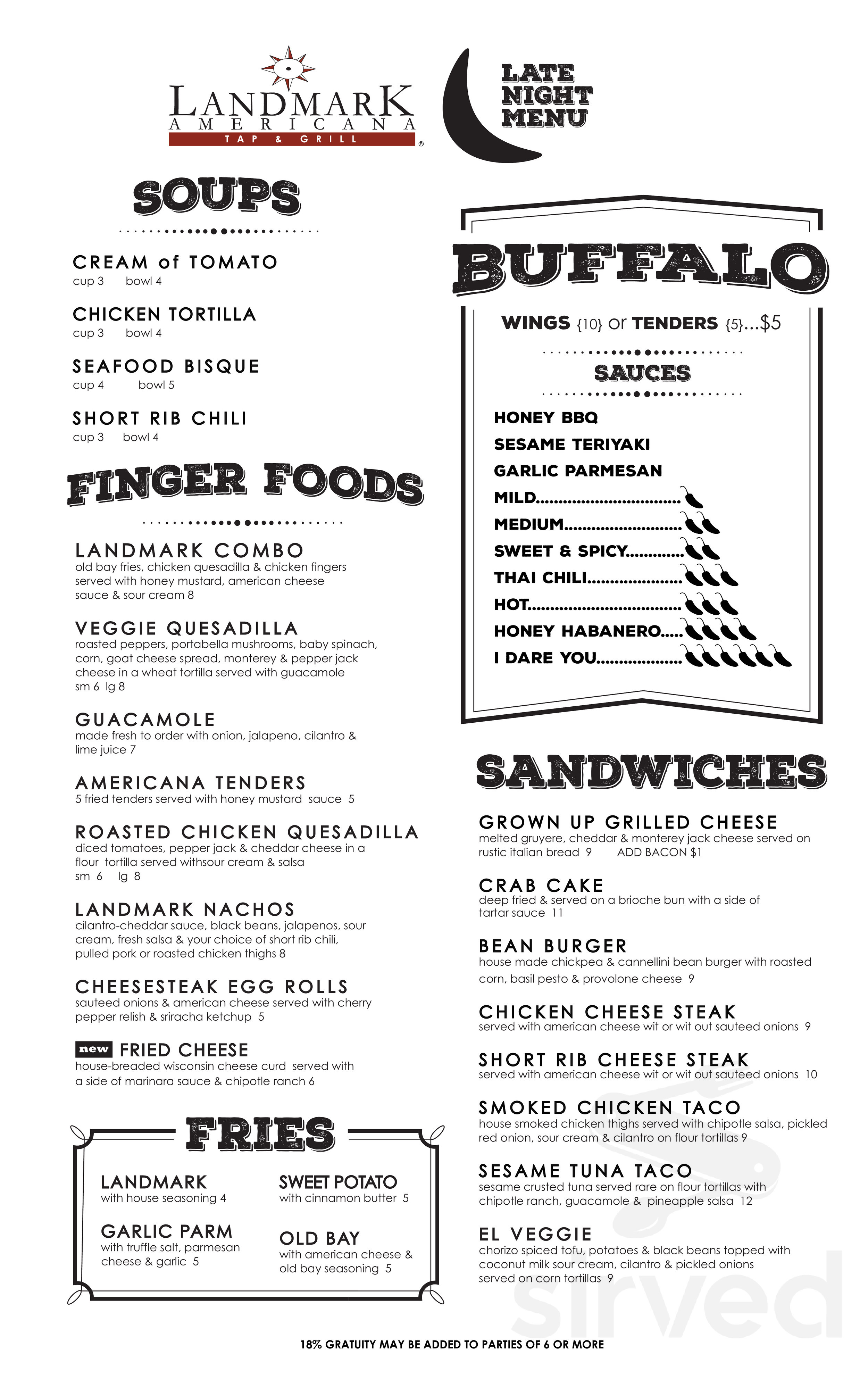 Landmark Americana menu in Glassboro, New Jersey, USA