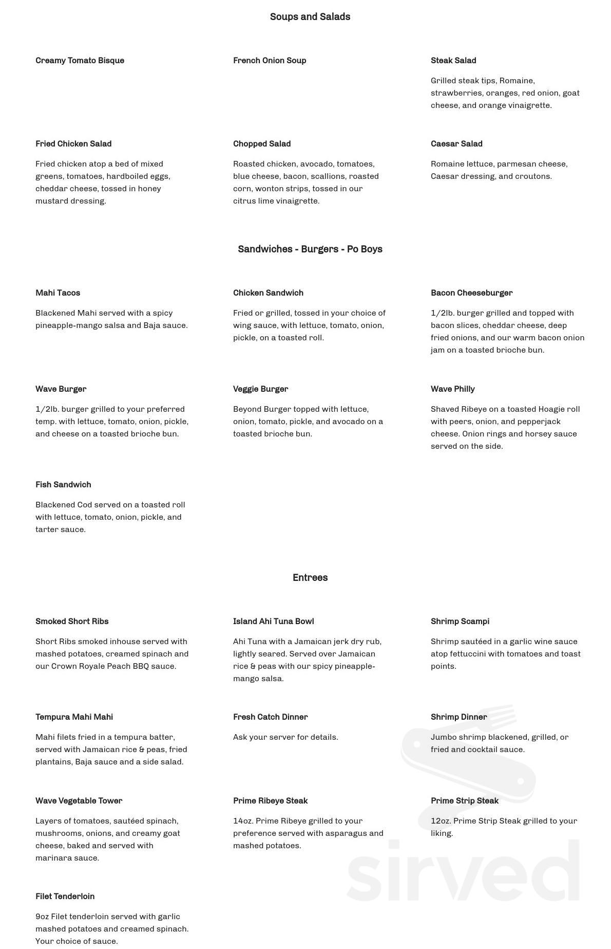 The Wave Sports Bar and Grill menu in Ormond Beach, Florida, USA