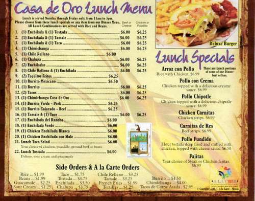 Casa de Oro Restaurant menu in Chariton, Iowa, USA