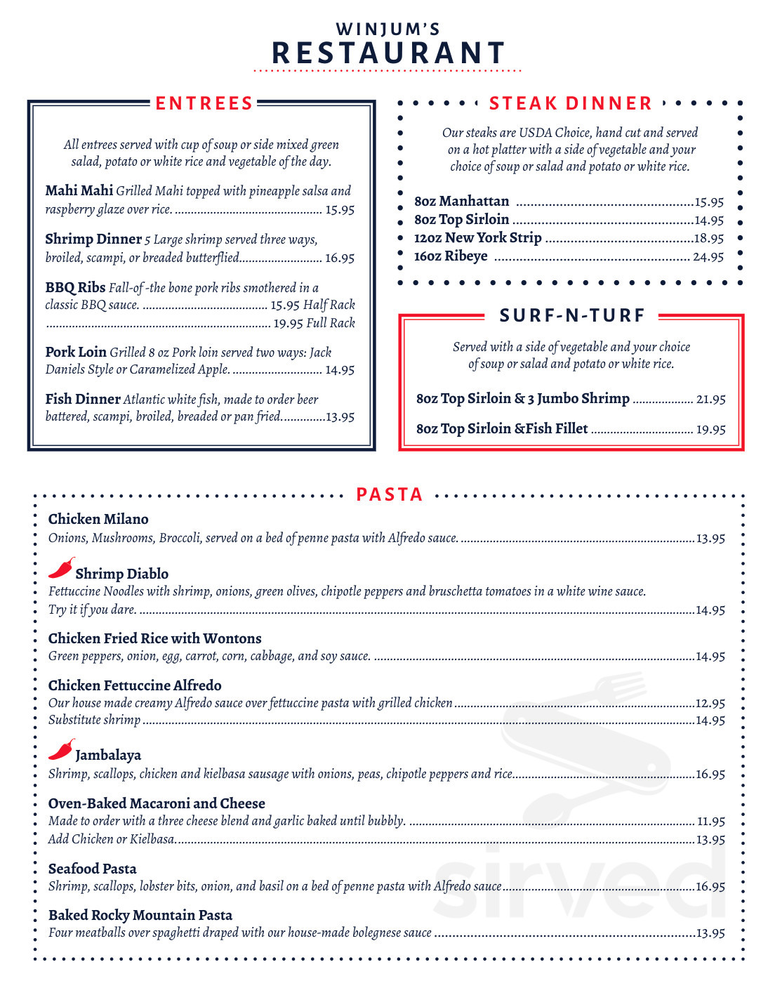 Menu - Faribault MN's Winjum's Shady Acres Restaurant & Resort | Sirved