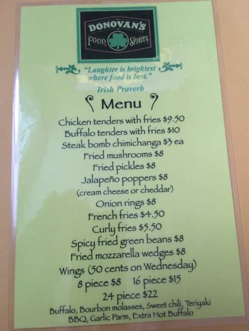 Donovan's menu in Bennington, Vermont, USA