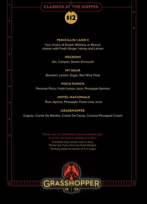The Grasshopper menu in Long Beach, California, USA