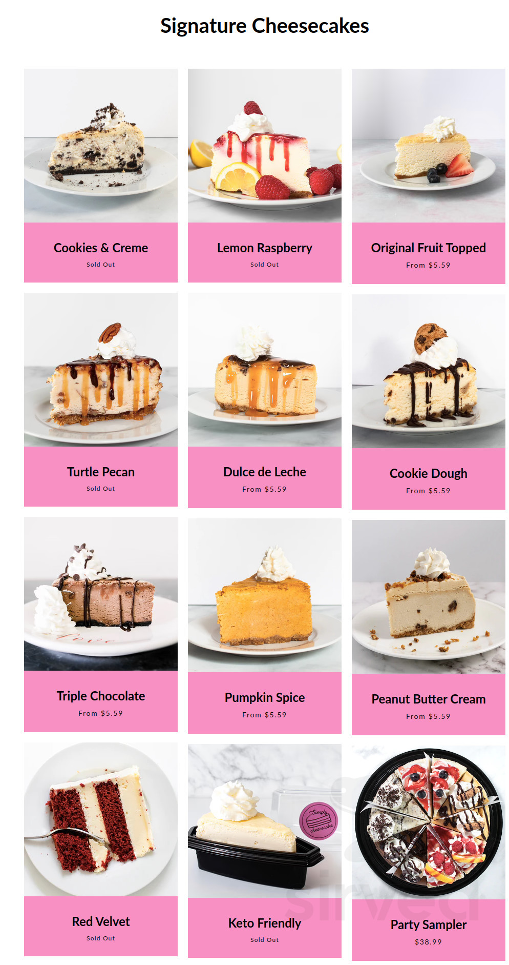 Simply Cheesecake menu in Provo, Utah, USA