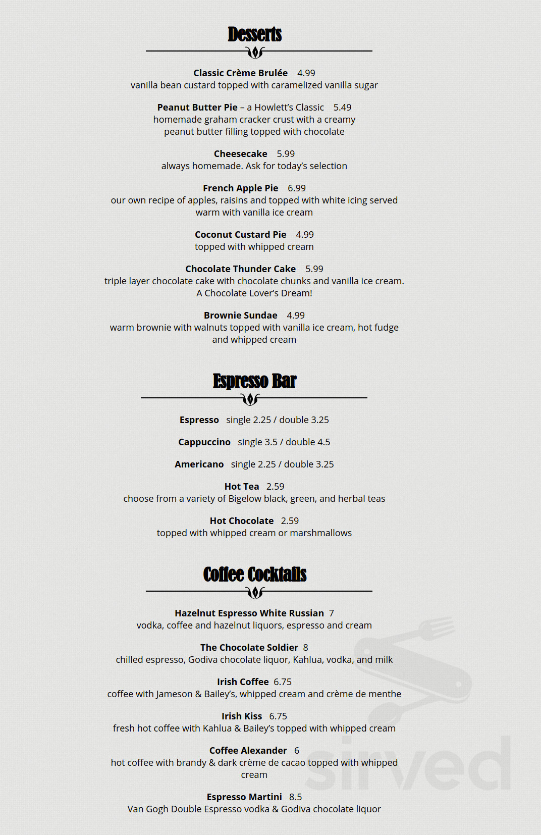Howlett's Restaurant & Tavern menu in Chester, Virginia, USA