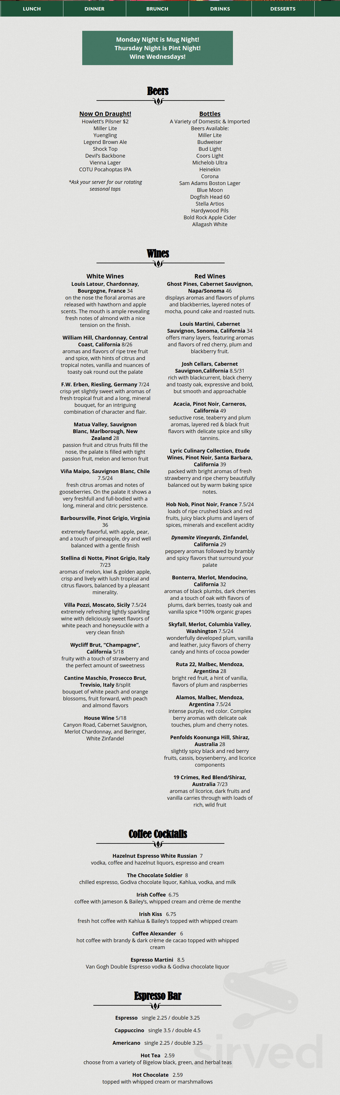 Howlett's Restaurant & Tavern menus in Chester, Virginia, United States