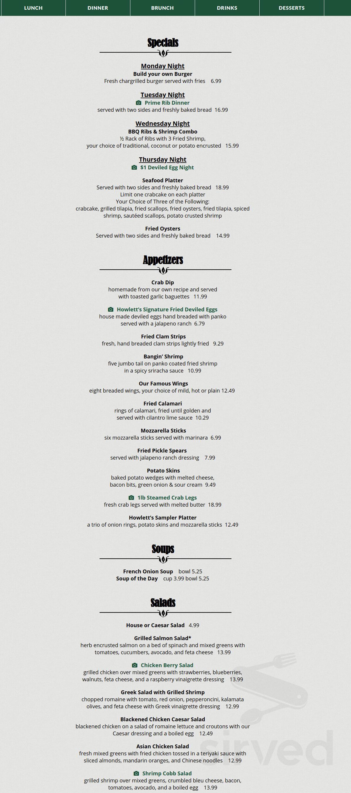 Howlett's Restaurant & Tavern menus in Chester, Virginia, United States