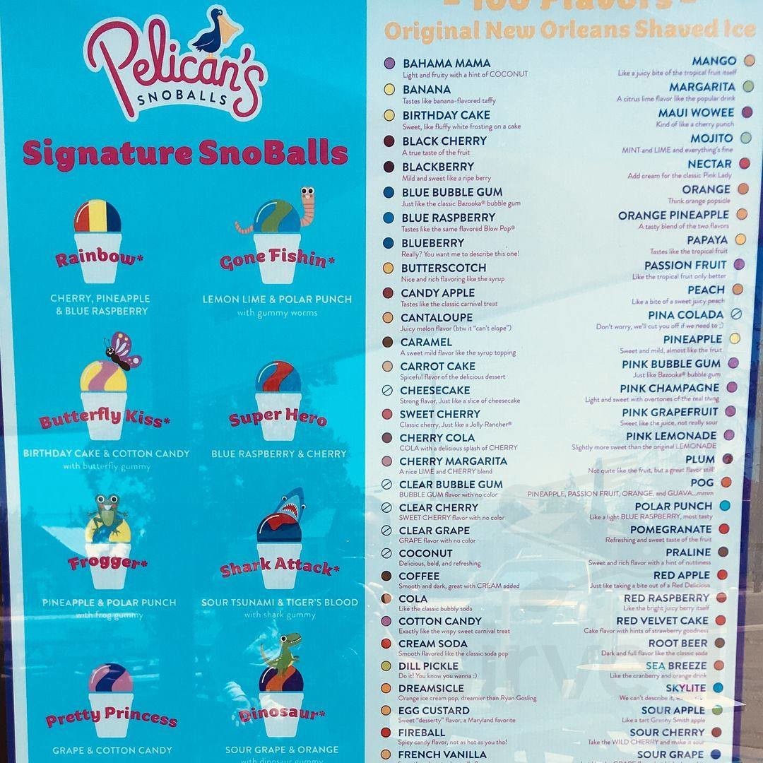 Pelican's Snoballs Clovis! menu in Clovis, California, USA