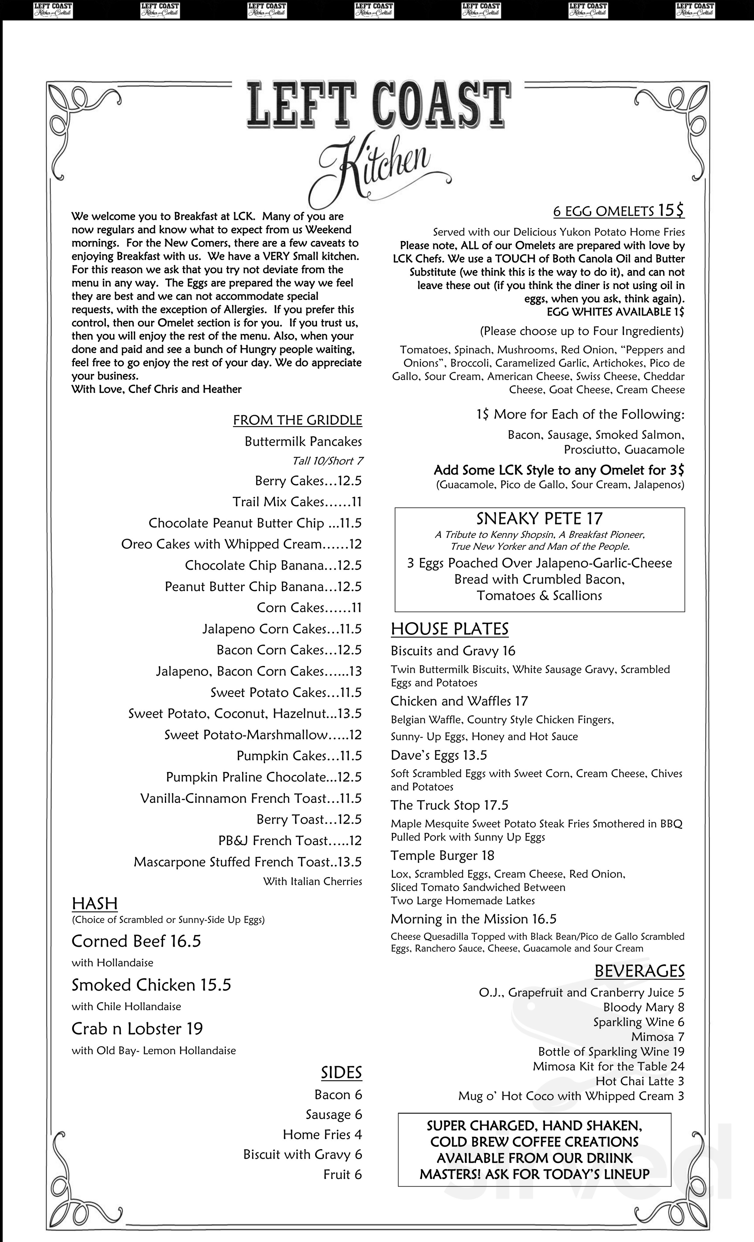 Menu for Left Coast Kitchen & Cocktails in Merrick, NY | Sirved