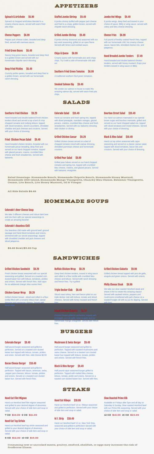 Colorado Grill menu in White House, Tennessee, USA