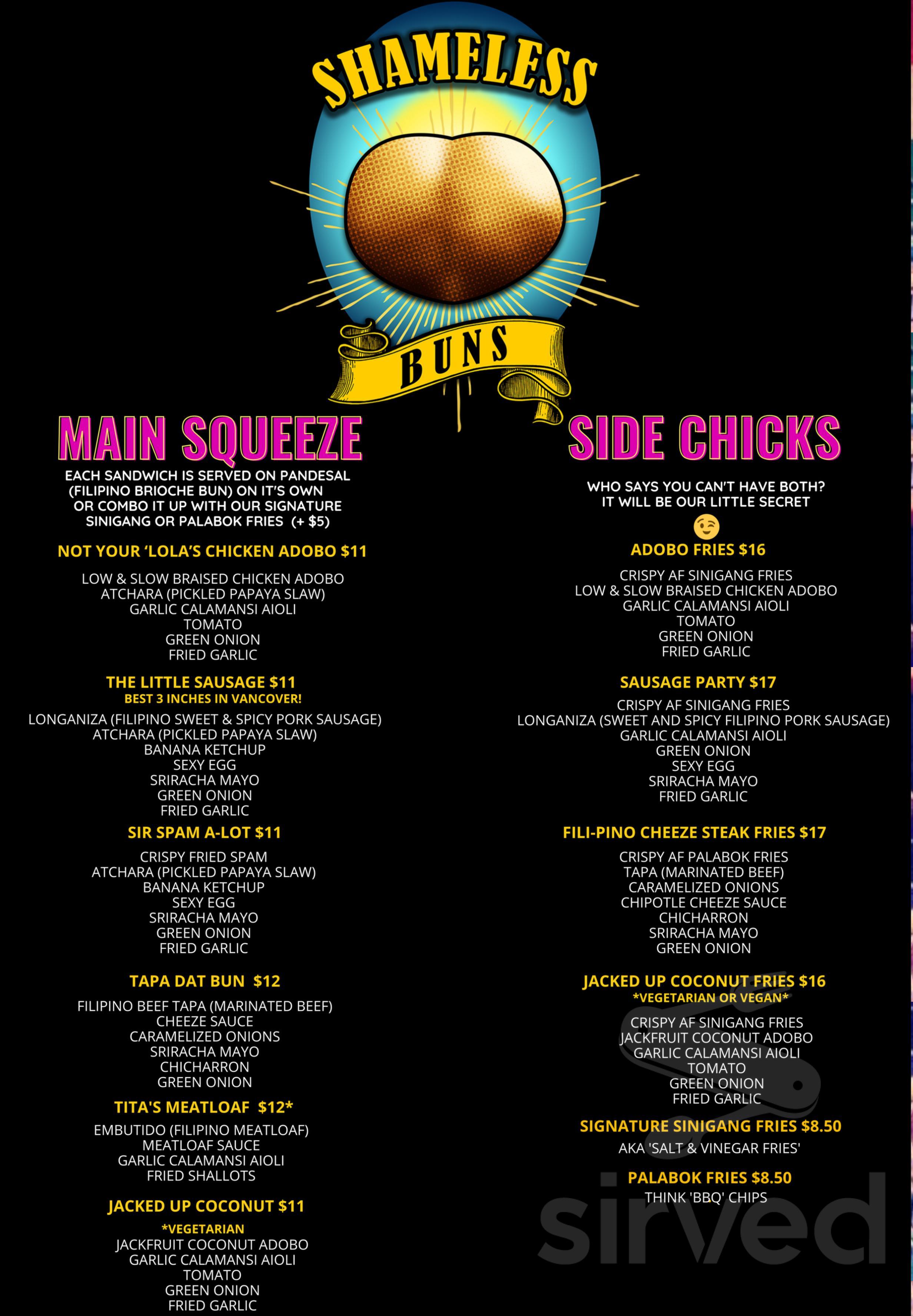 Shameless Buns menu in Vancouver, British Columbia, Canada