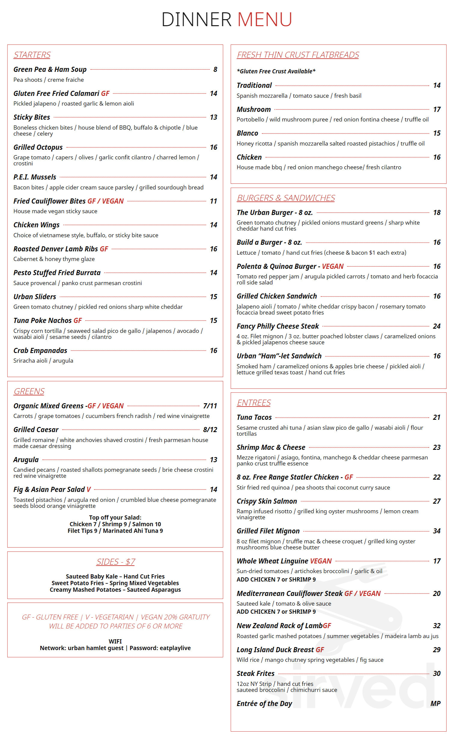 The Urban Hamlet menu in Bronxville, New York, USA