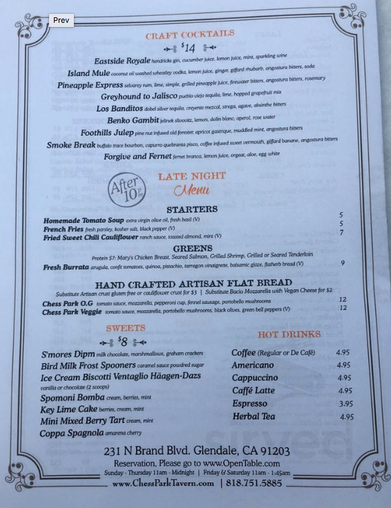 Chess Park Lounge menu in Glendale, California, USA