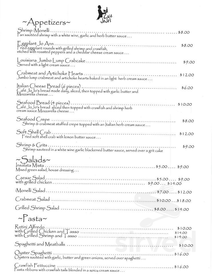 Cafe JoJo's menu in Morgan City, Louisiana, USA