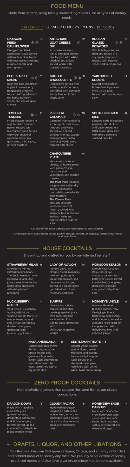 Mox Boarding House menu in Portland, Oregon, USA