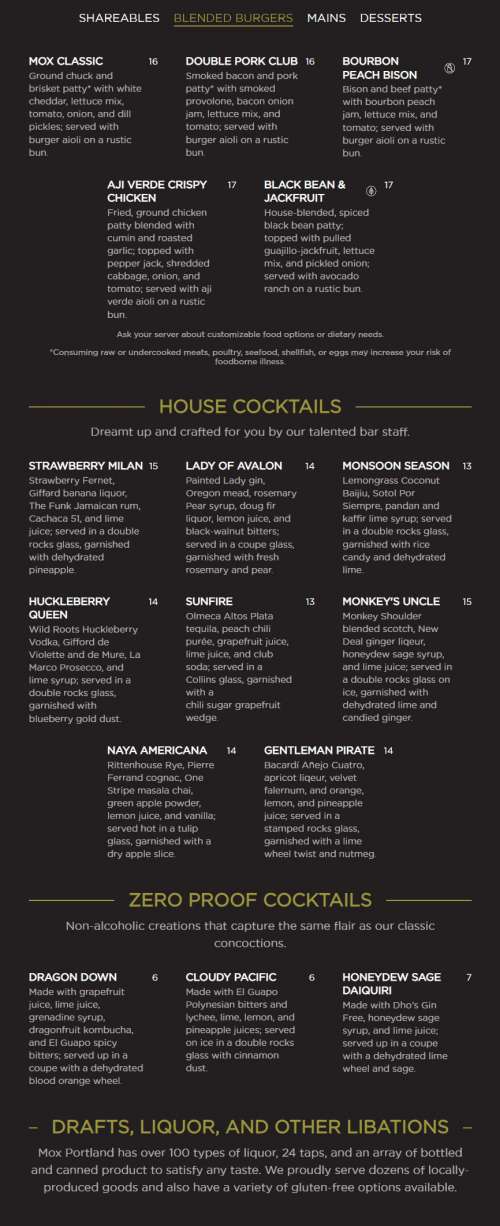 Mox Boarding House menu in Portland, Oregon, USA