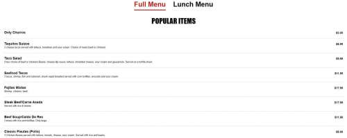 El Alacran menu in Winter Garden, Florida, USA