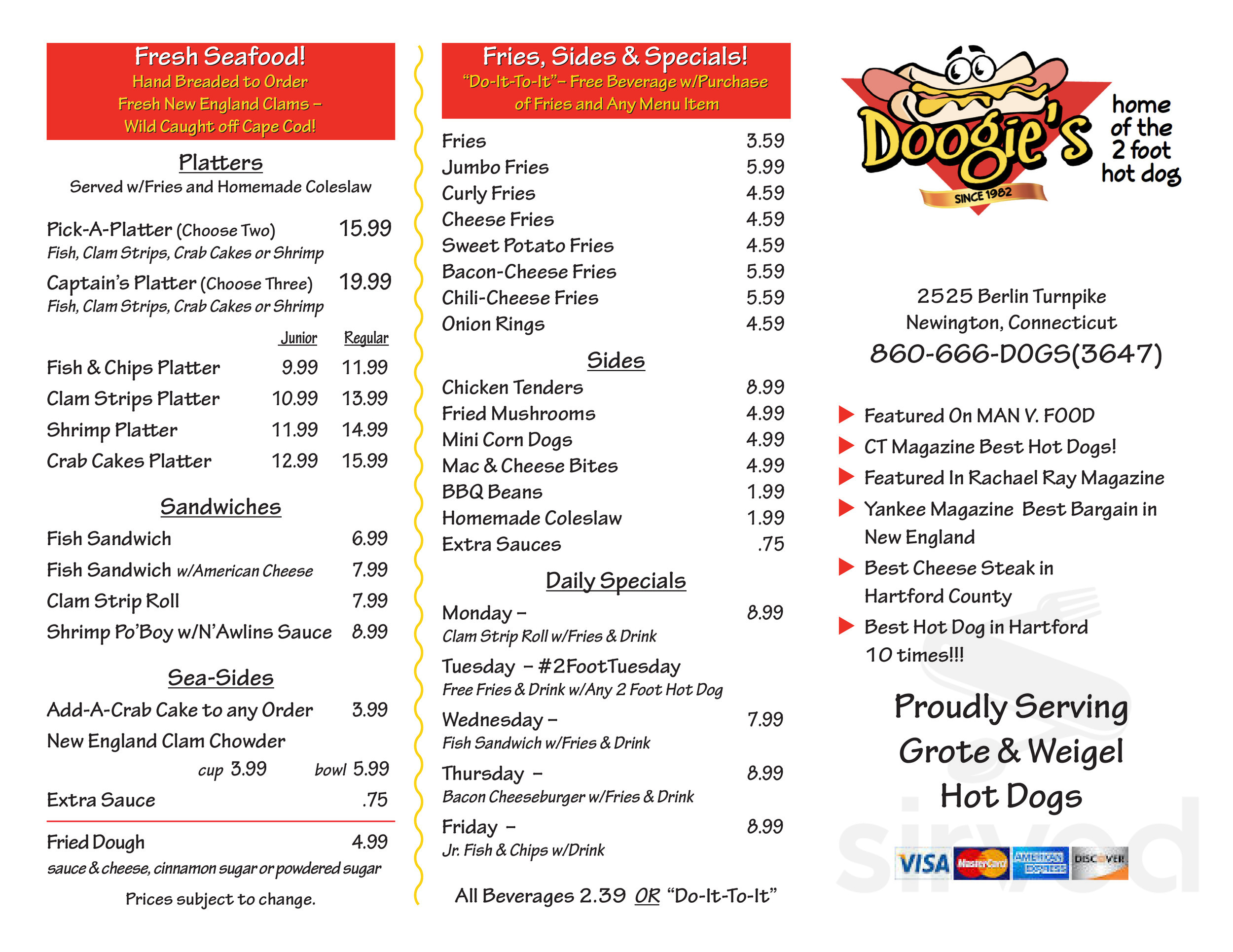 Doogie's menu in Newington, Connecticut, USA
