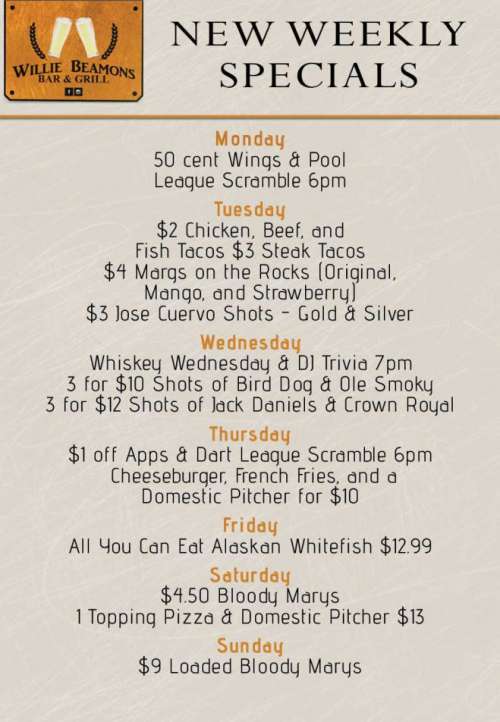 Willie Beamons menu in Neenah, Wisconsin, USA