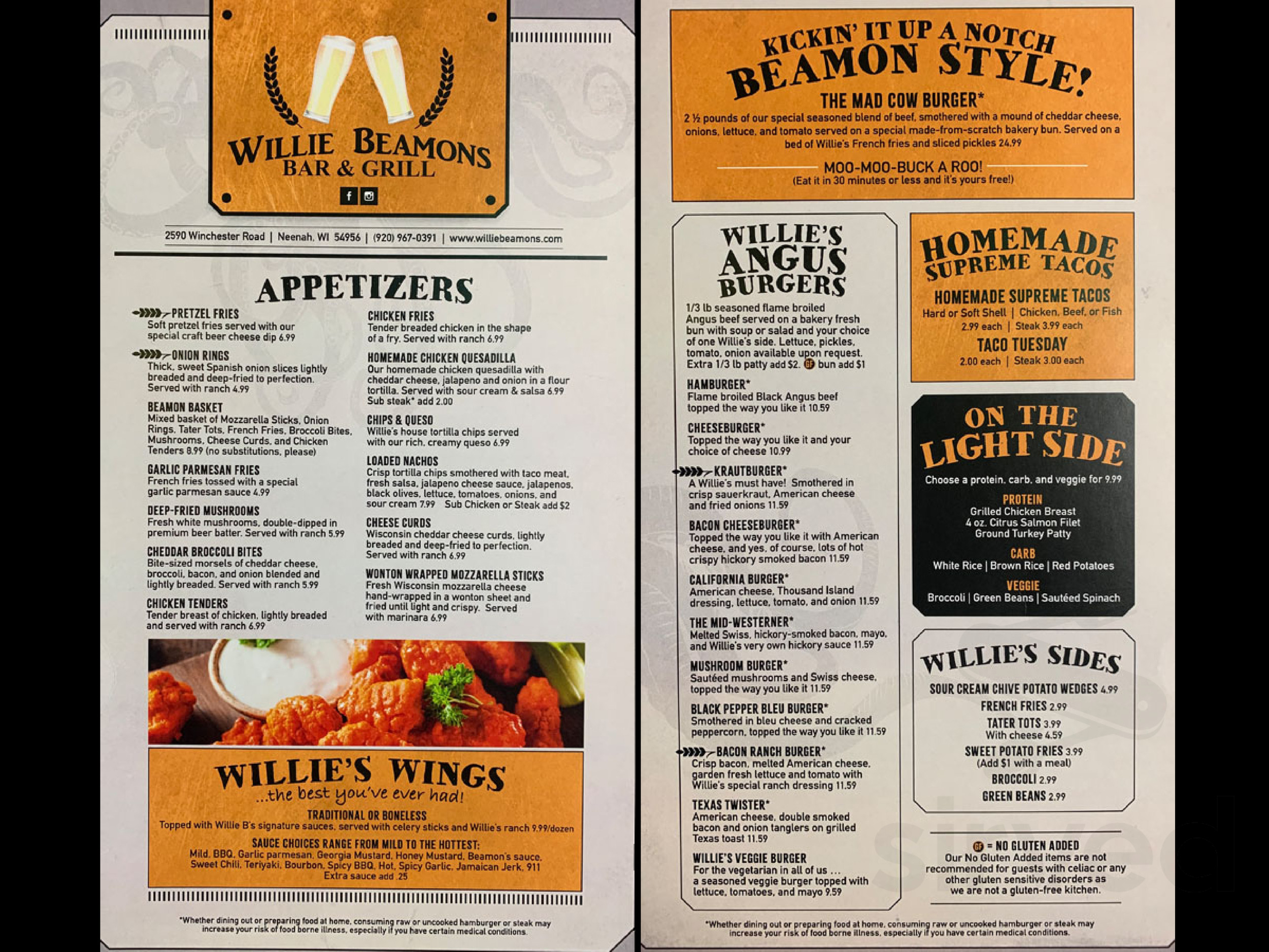 Willie Beamons menu in Neenah, Wisconsin, USA