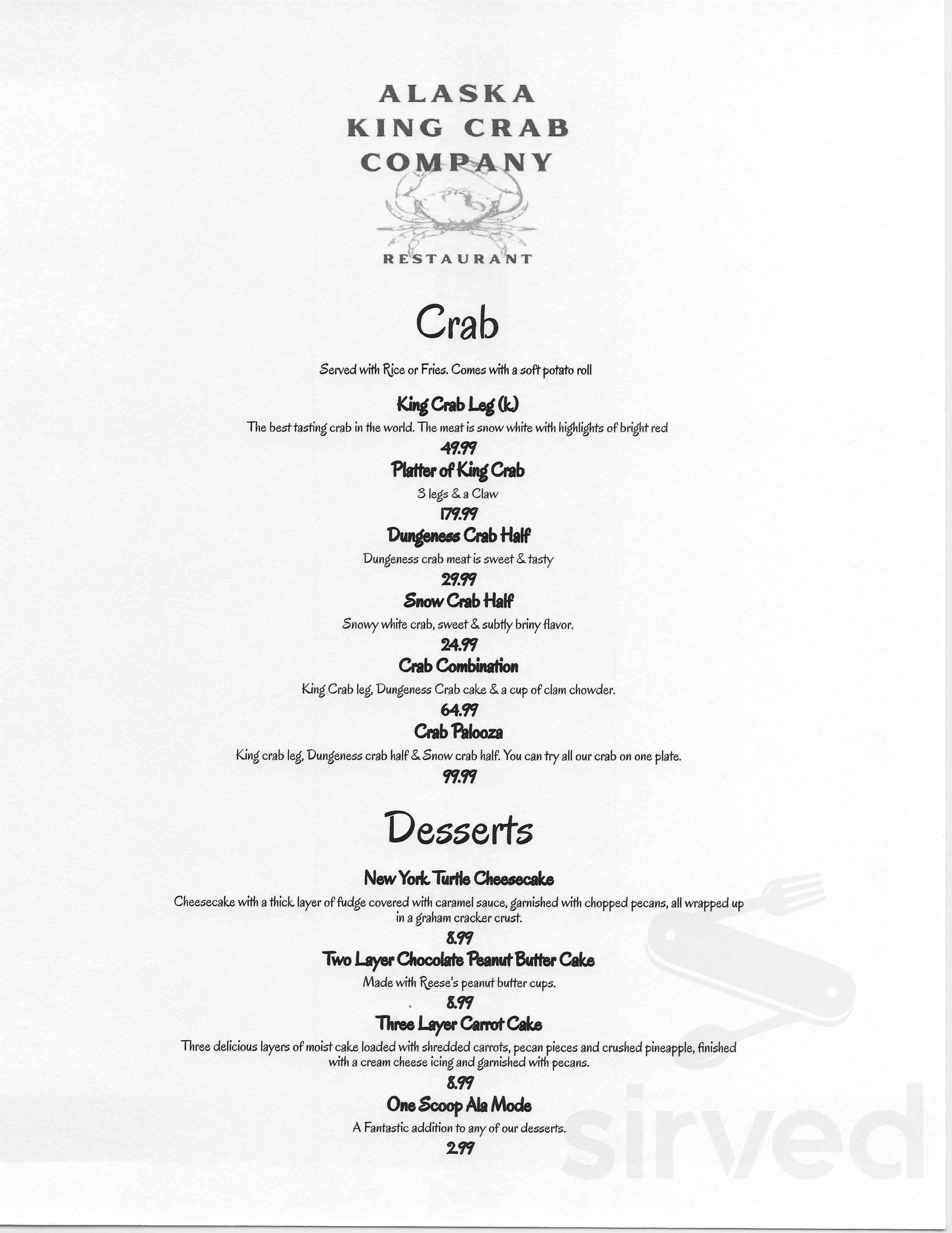 Menu - Ketchikan AK's Alaska King Crab Company | Sirved