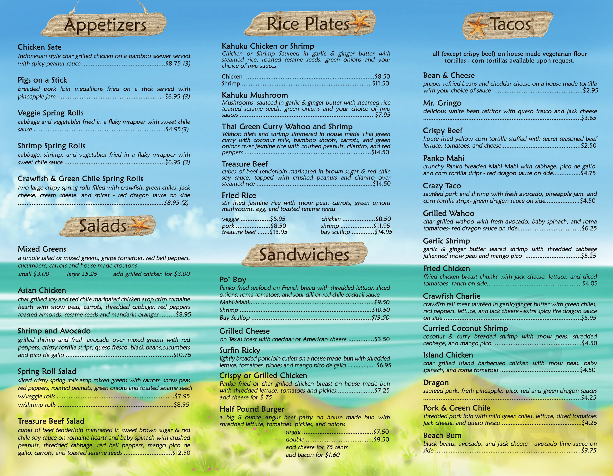 Irie's Island Food menu in Port Aransas, Texas, USA