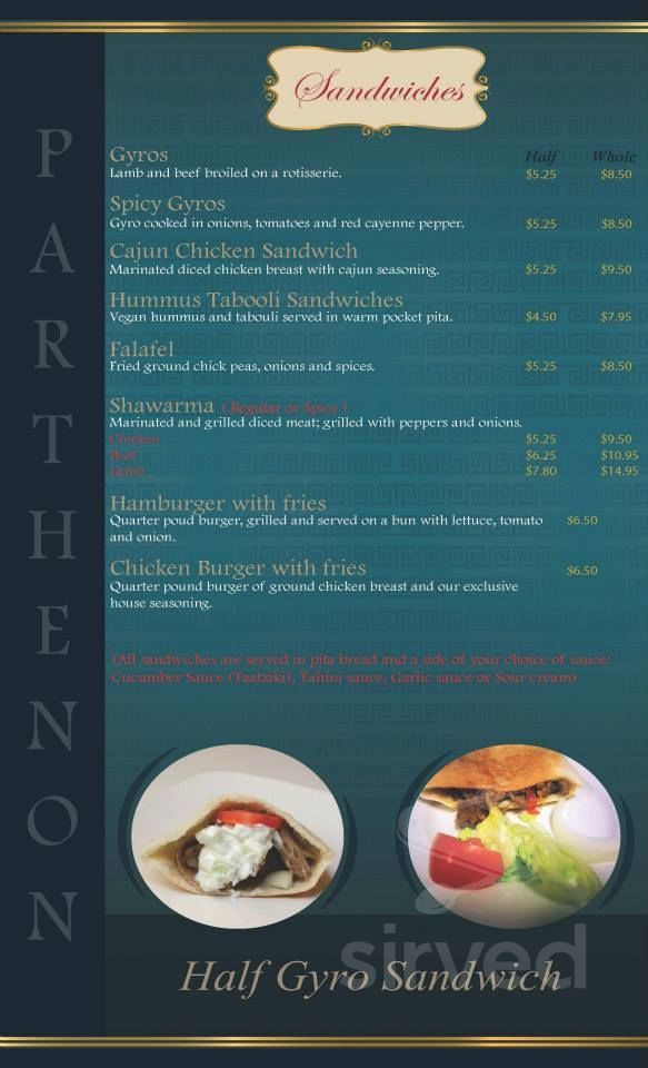 The Parthenon Restaurant menu in Indianapolis, Indiana, USA
