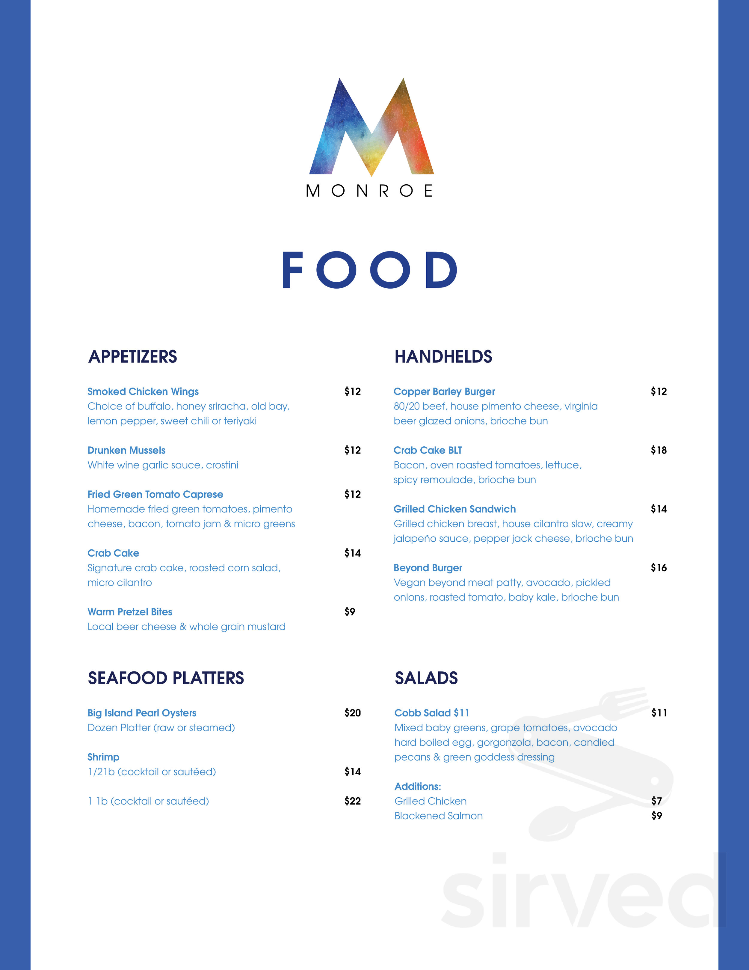 Monroe Rooftop menu in Hampton, Virginia, USA